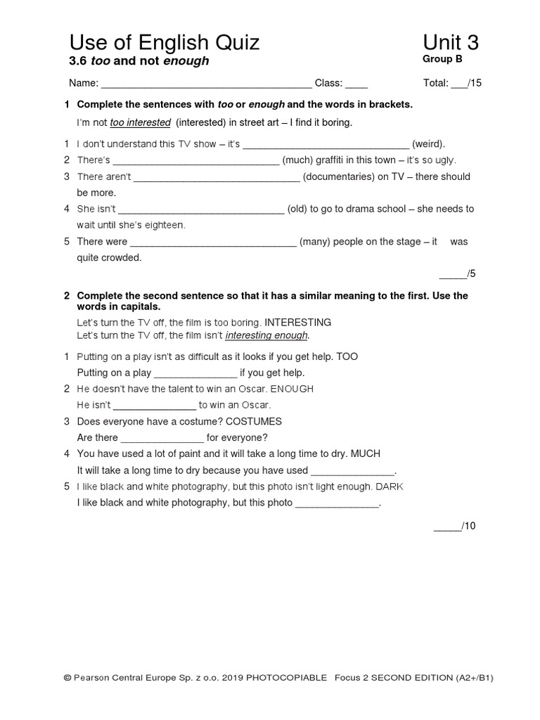 Focus 2 2ed UoE Quiz Unit3 GroupB | PDF