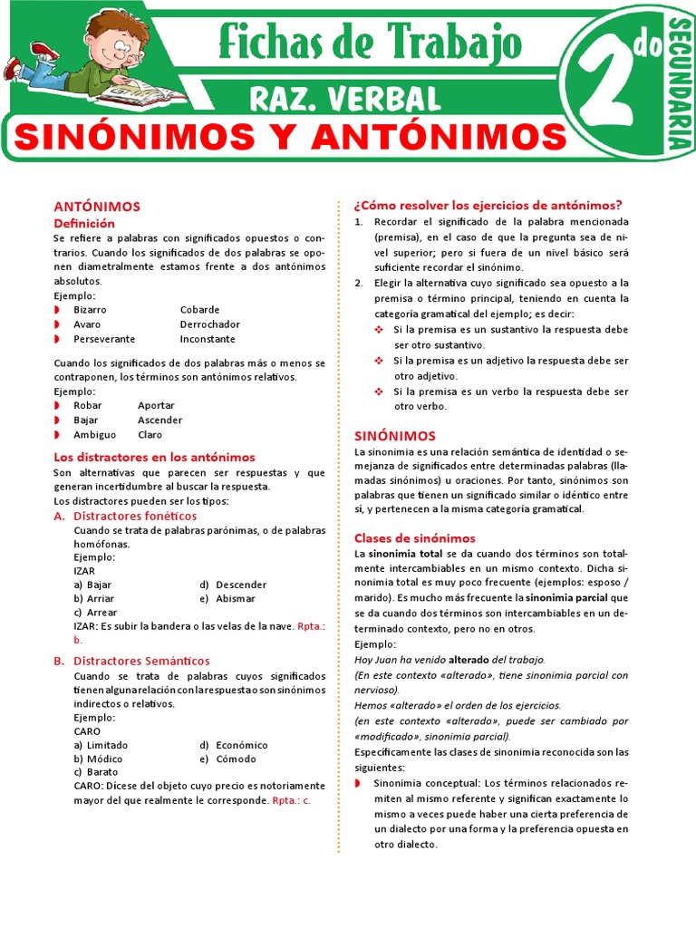 Sinonimos y Antonimos para Segundo Grado de Secundaria | PDF ...