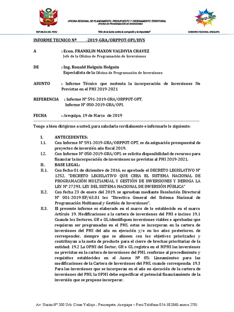 Modelo de Informe Tecnico para Incorporar Pmi-Nº-002 | PDF | Perú ...
