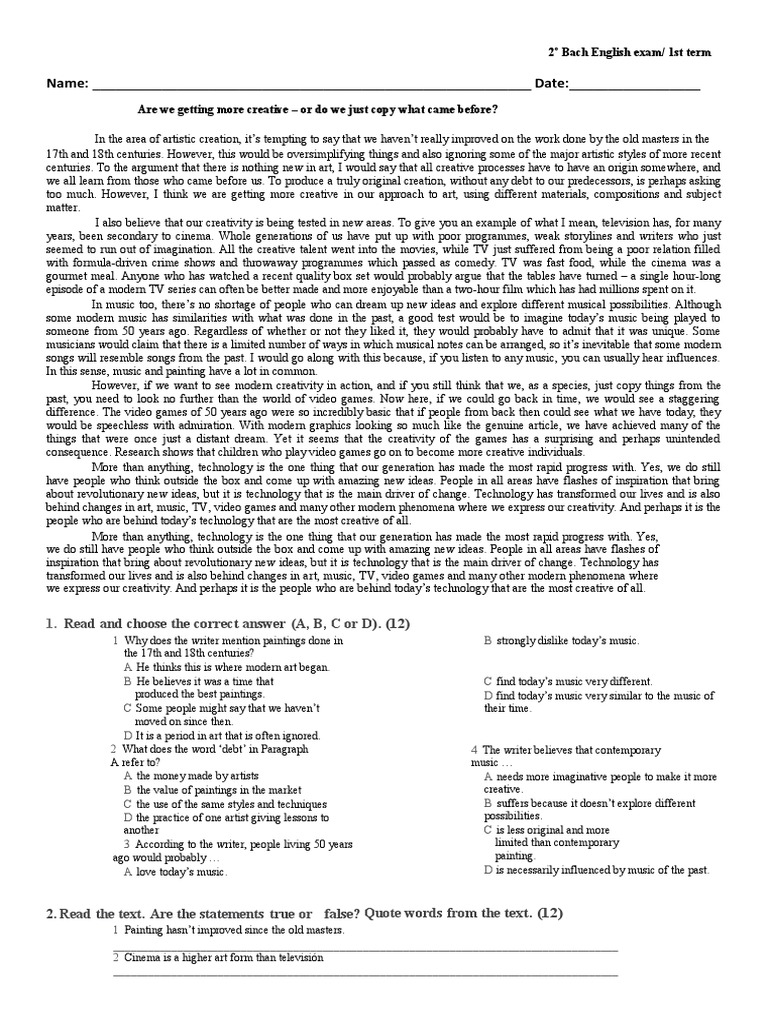 Examen 2º BACH DIC 21 ENFERMOS | PDF | Creativity | Experiment