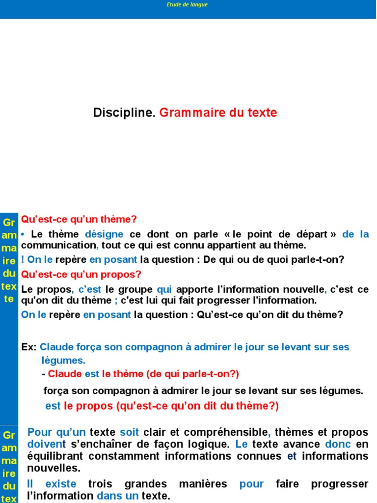 Grammaire Du Texte - La Progression Thématique | PDF | Linguistique