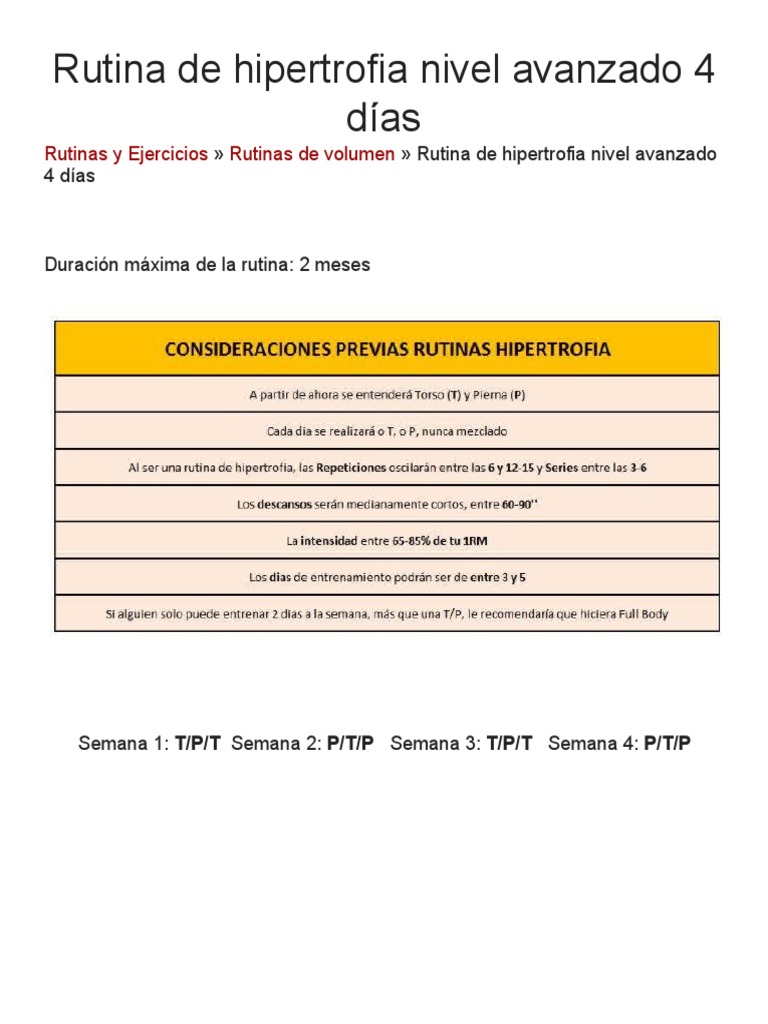 Rutina 2 Rutina de Hipertrofia Nivel Avanzado 4 Días | PDF | Salud y ...