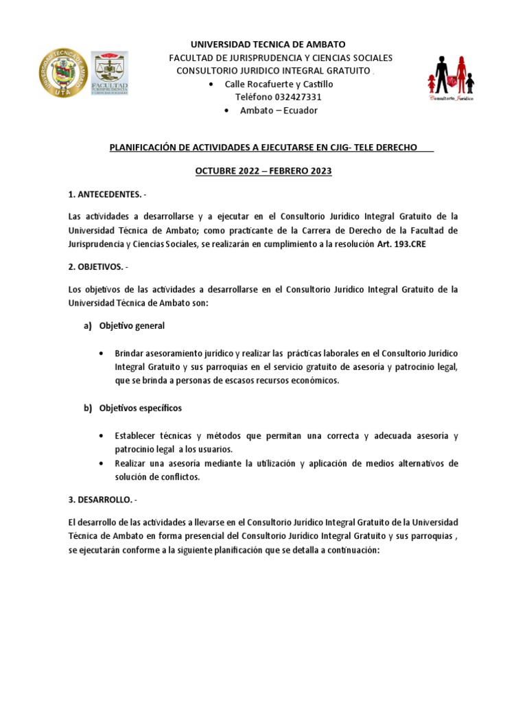 Plan de actividades del Consultorio Jurídico Integral Gratuito de la Universidad Técnica de ...