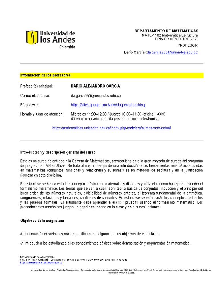 Programa Mate 1102 - Matematica Estructural - Dario Garcia | PDF