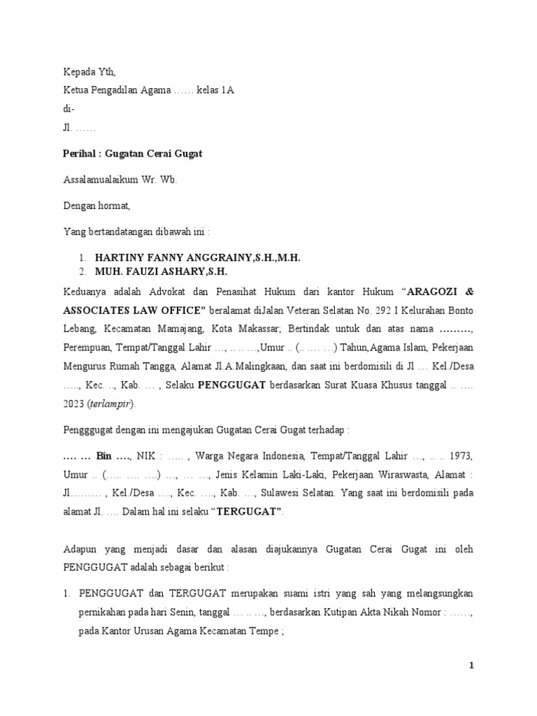 Draft Gugatan Cerai KDRT | PDF