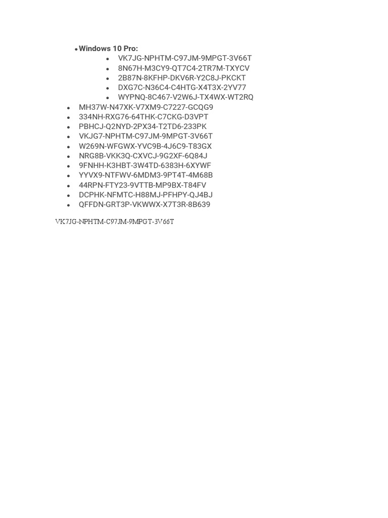 Windows 10 Pro:: VK7JG-NPHTM-C97JM-9MPGT-3V66T | PDF