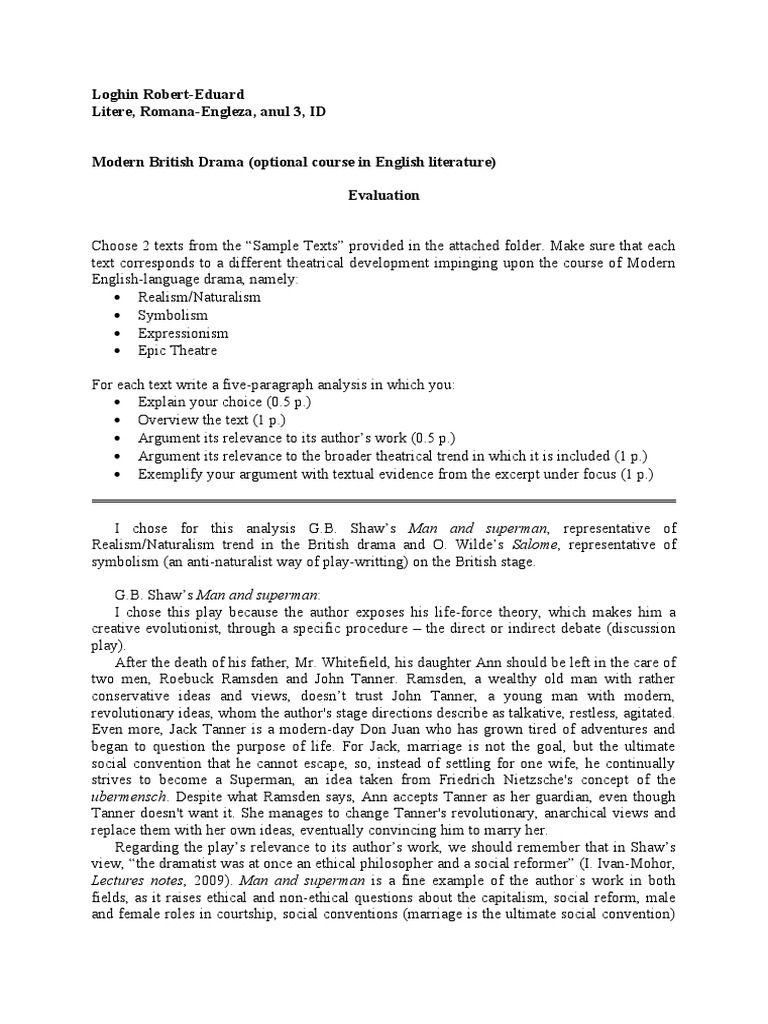Analysis of Two Modern British Drama Texts: G.B. Shaw’s Man and Superman and O. Wilde’s Salome | PDF