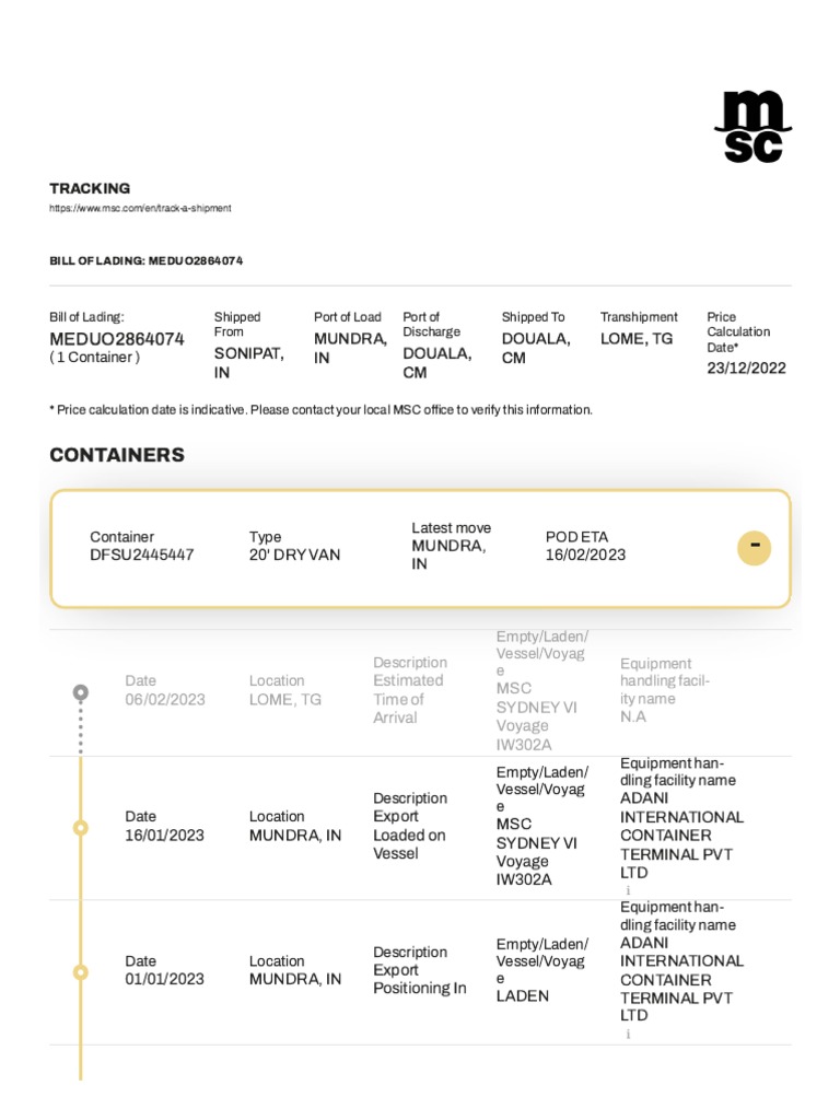 Shipping Container Tracking and Tracing - MSC | PDF | Cargo | Containerization