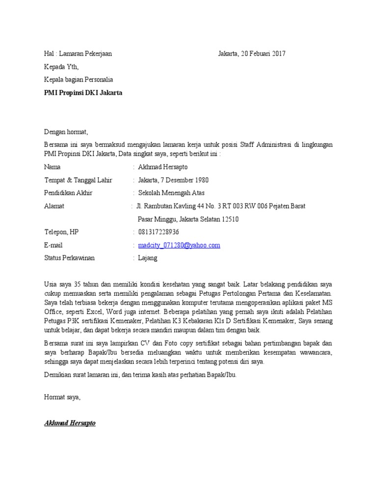 Surat Lamaran PMI DKI | PDF