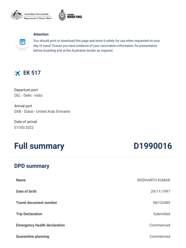 Australia Digital Passenger Declaration (DPD) | PDF