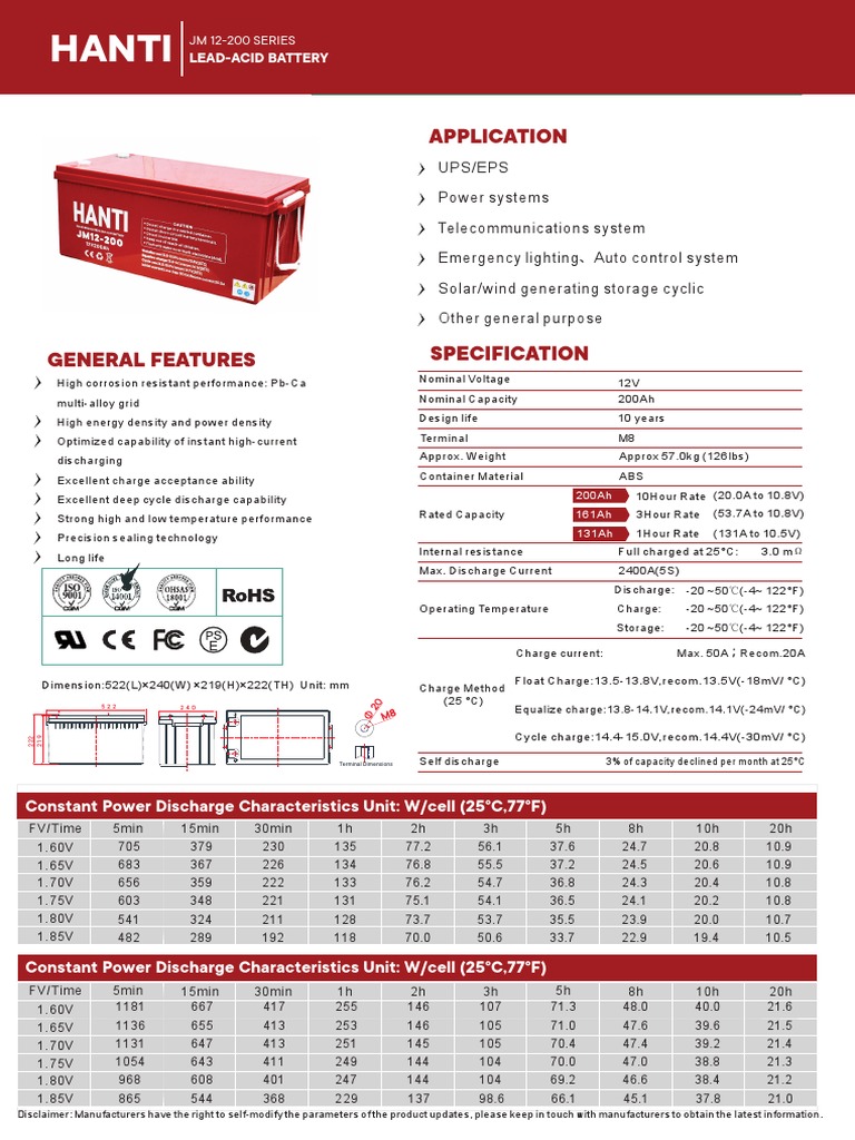 Hanti JM12-200 Solar Battery Specifications | PDF | Electric Power ...