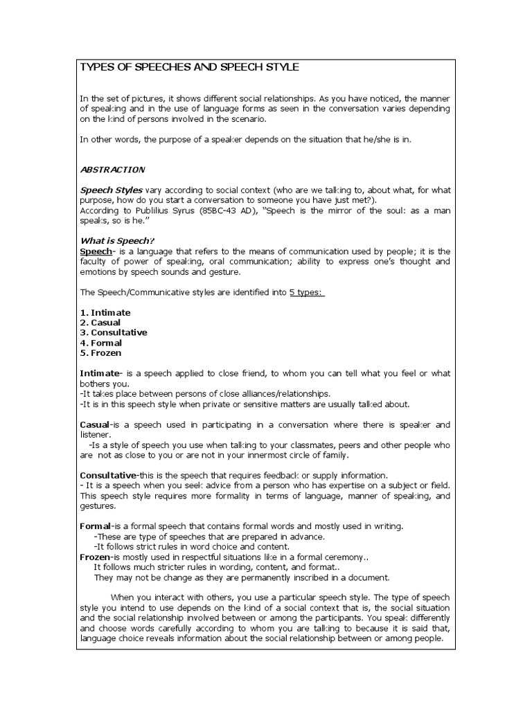 Types of Speeches and Speech Style 2 | PDF | Communication | Speech