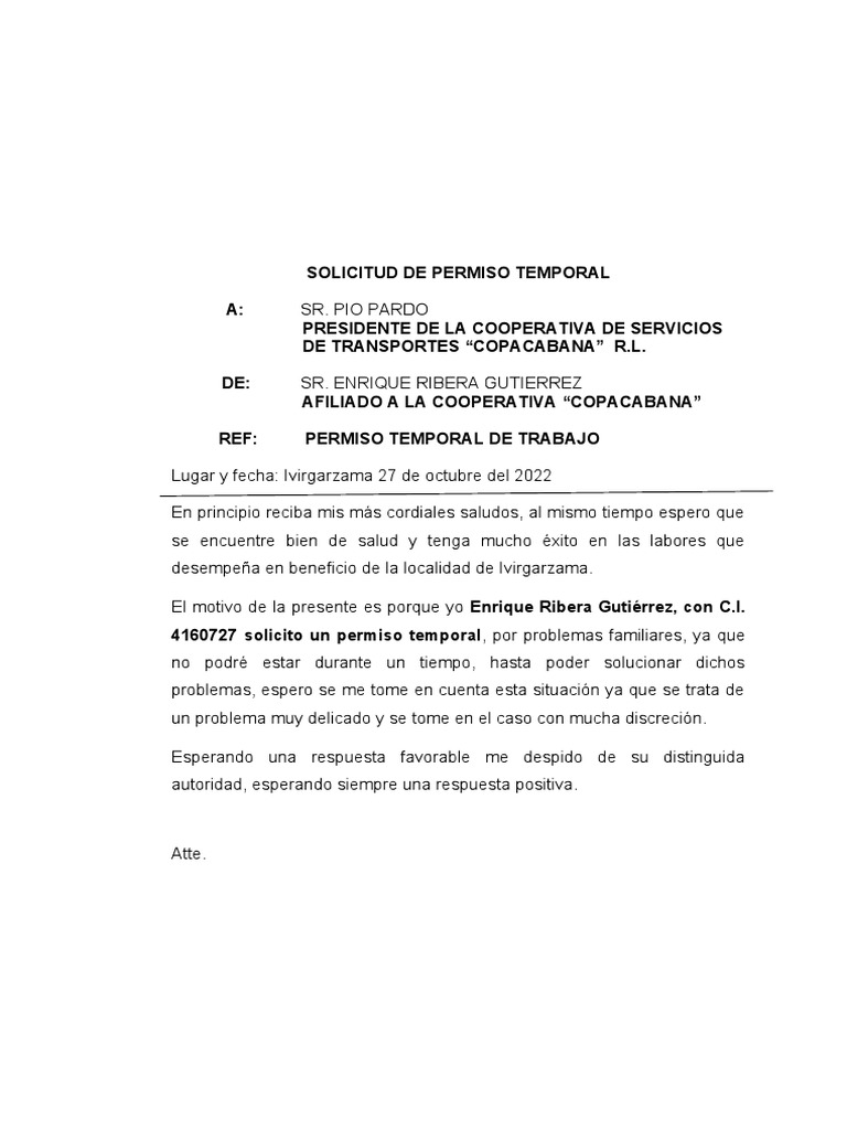Solicitud de Permiso Temporal | PDF