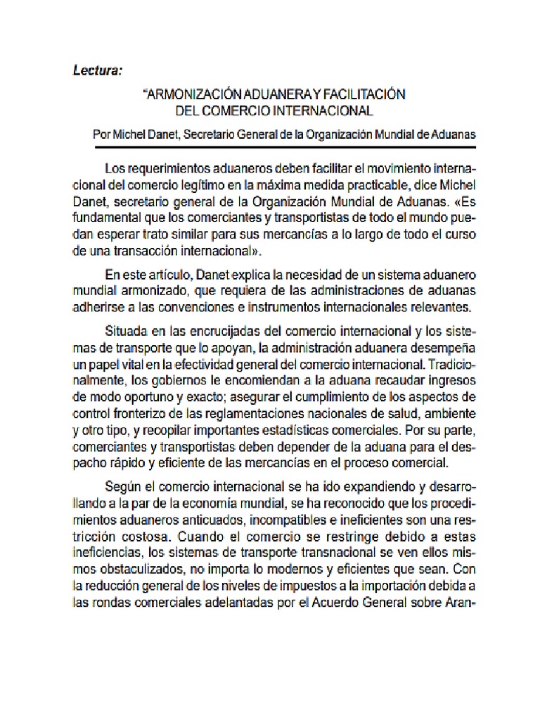 Control De Lectura Armonización Aduanera Y Facilitación Del Comercio