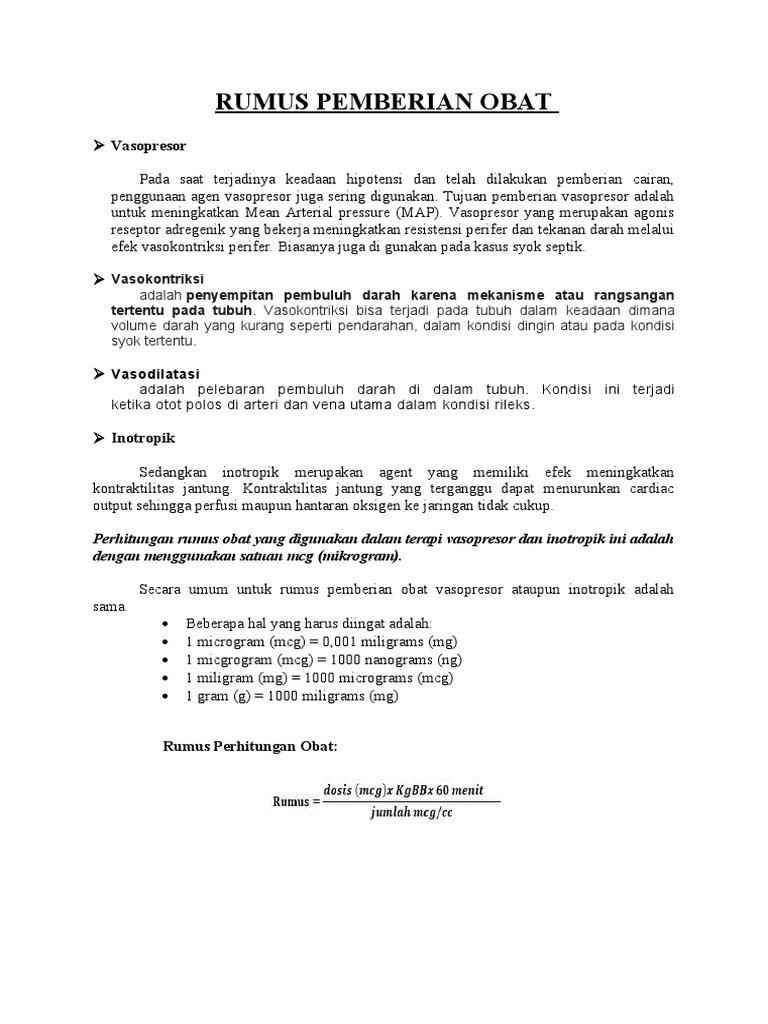 Rumus Dosis Norepinephrine dan Obat Vasopresor | PDF