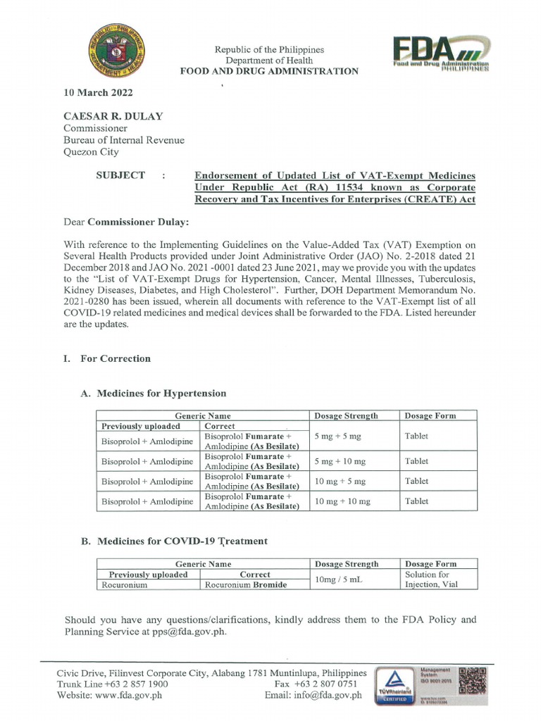 Signed BIR VAT Exempt Endorsement Letter 10 Mar 2022 | PDF