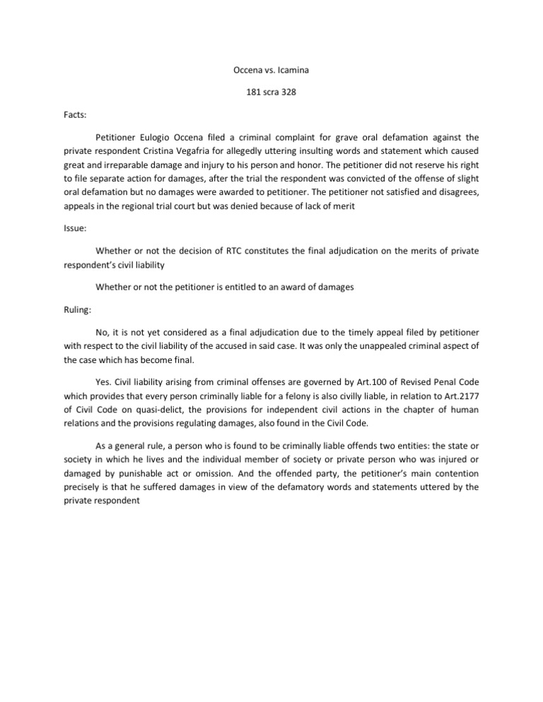 Occena Vs Icamina 181 Scra 328 | PDF