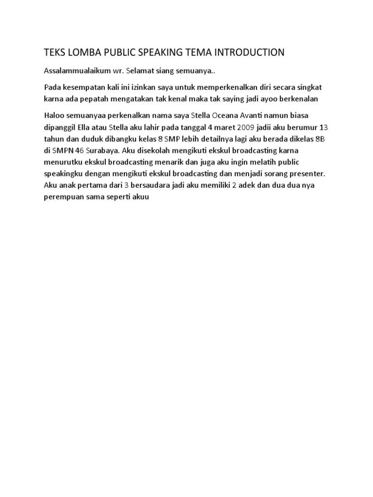 Teks Lomba Public Speaking Tema Introduction | PDF