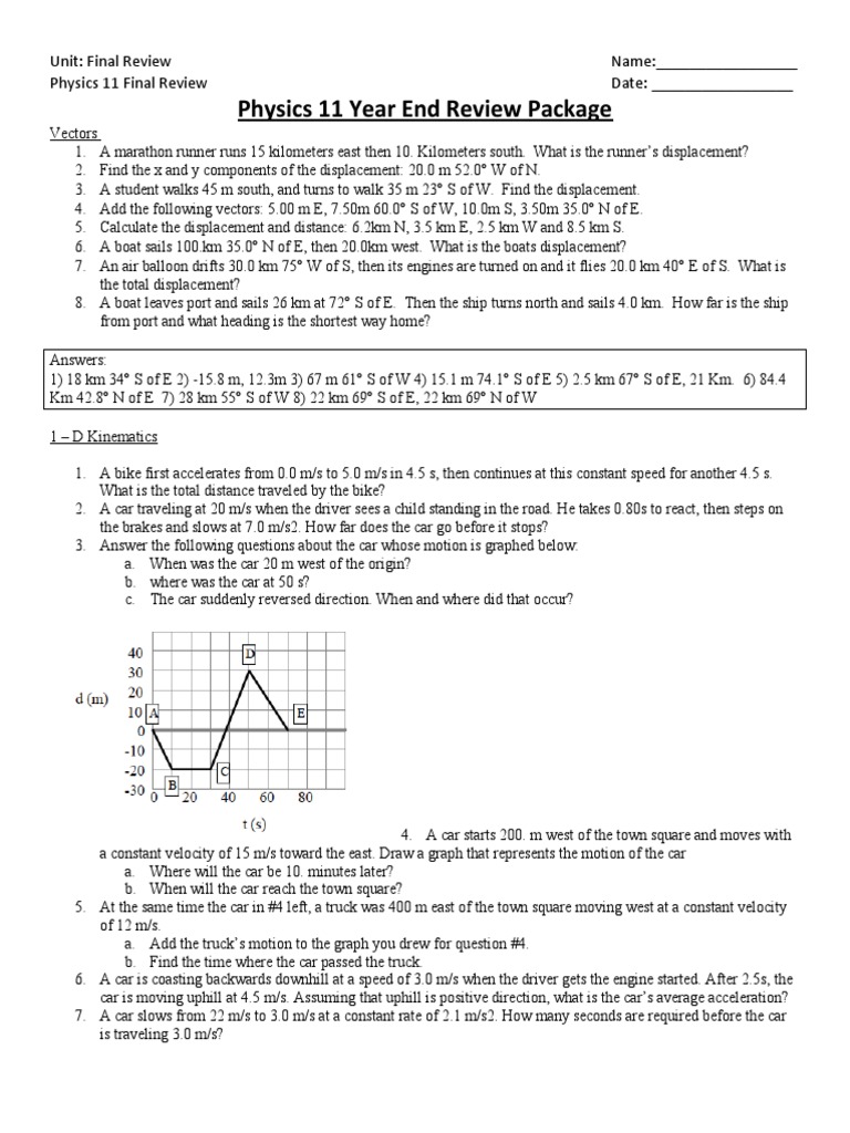 Physics 11 Year End Review Package - New Curriculum - Use | PDF ...