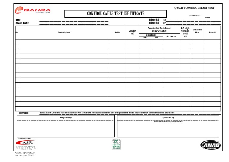 WD-OTC-011.0 Control Cable Test Certificate | PDF | Electronics | Metrology