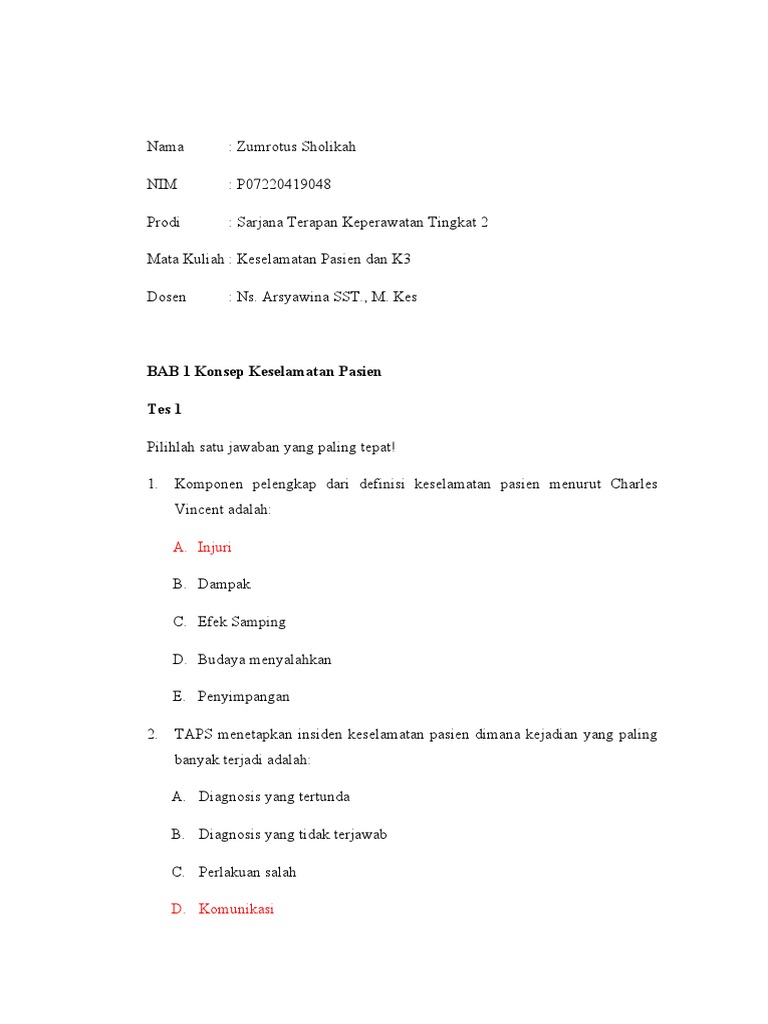 k3 Test Zumrotus Sholikah | PDF