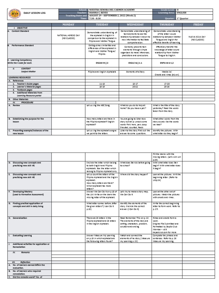 DLL English-2 Q1 W2 | PDF | Learning | Syllable