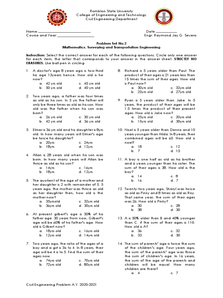 Problem Set No.3: Mathematics, Surveying and Transportation Engineering ...