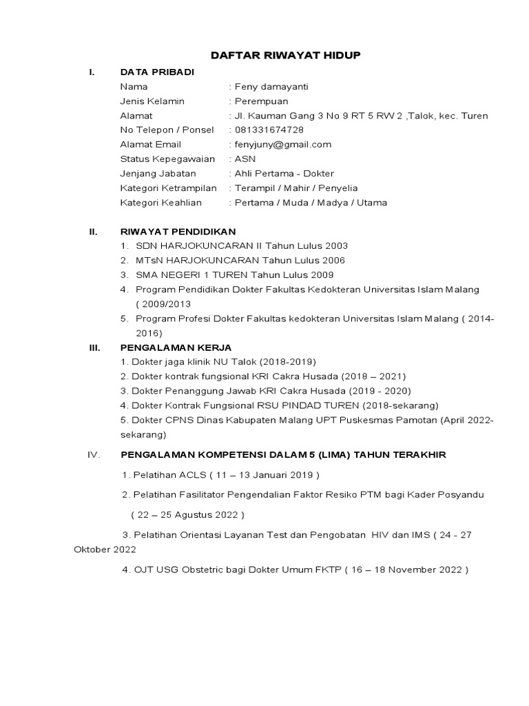 CV Dokter Feny Damayanti | PDF