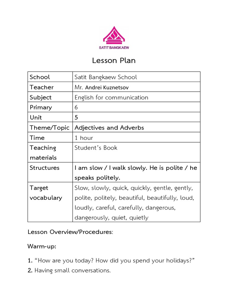 Adjectives and Adverbs Lesson Plan | PDF