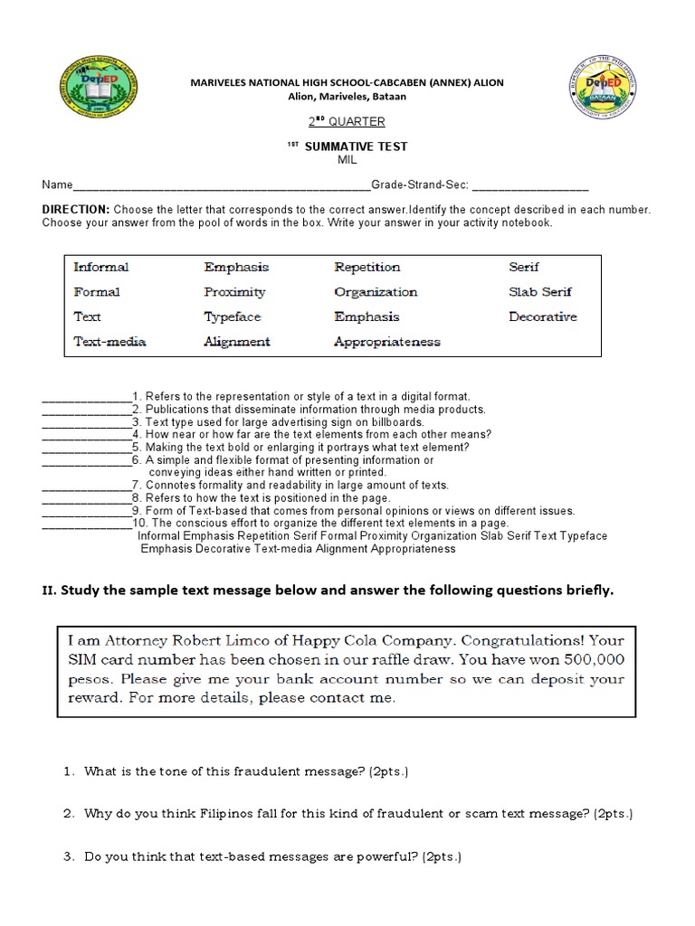 2ndQ FIRST SUMMATIVE TEST MIL | PDF | Typefaces | Serif