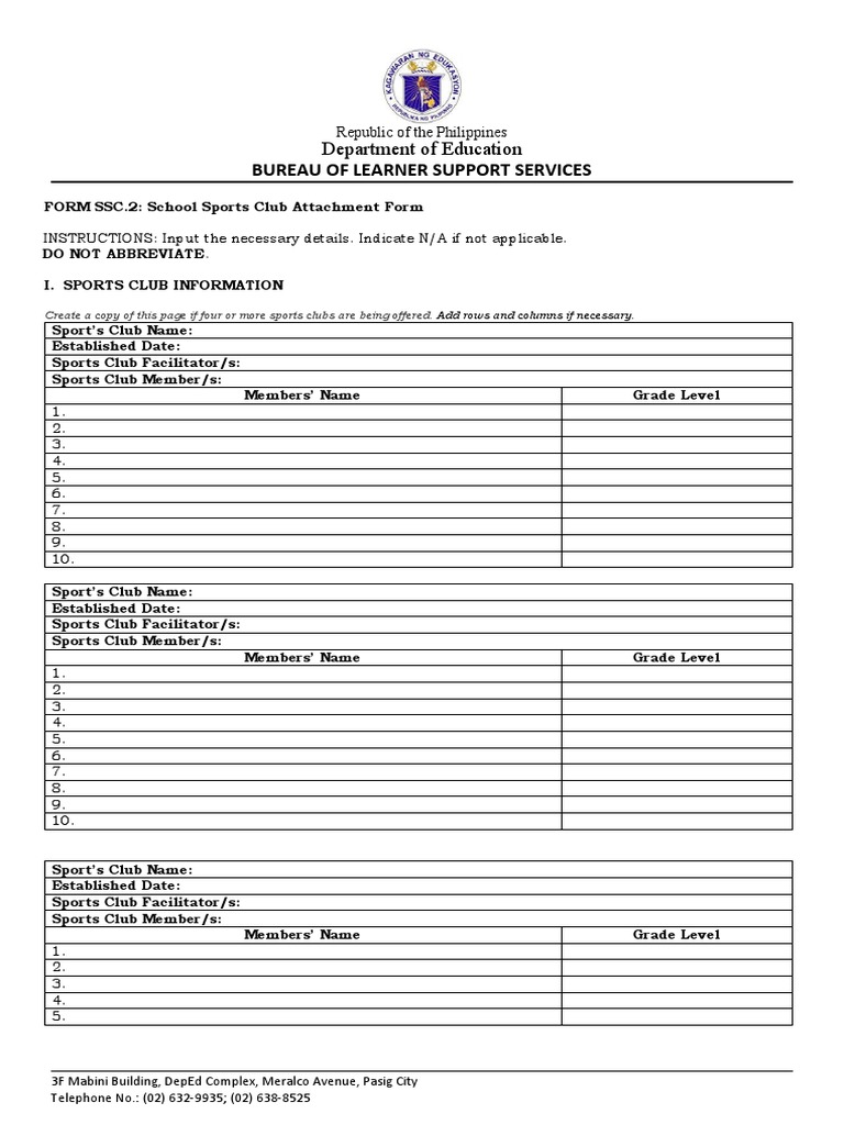 FORM SSC.2 School Sports Club Attachment Form v1 | PDF | Sports & Recreation