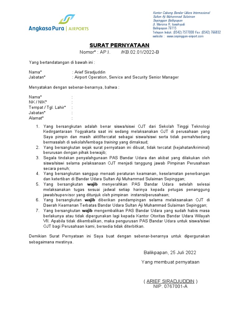 Surat Pernyataan Ojt Edit | PDF