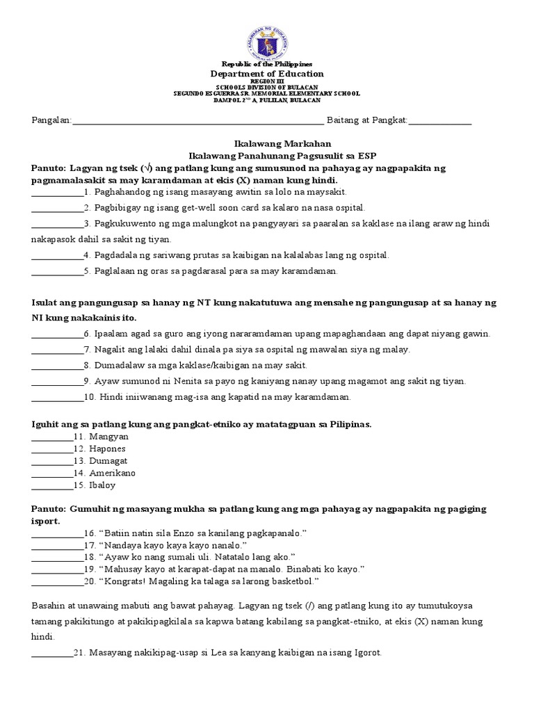 Second Periodical Test Grade 3 Kamagong | PDF