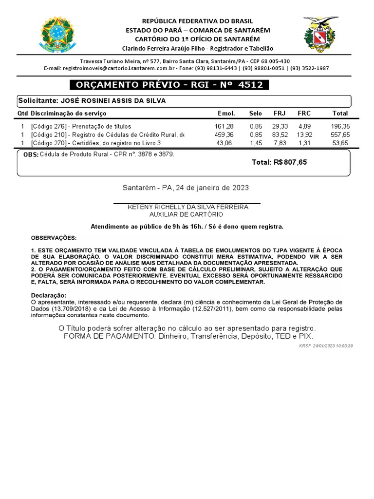 JOSÉ ROSINEI ASSIS DA SILVA - Cédula de Produto Rural - CPR N°. 3878 e ...