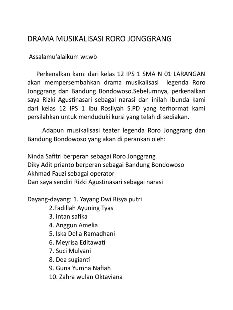 Drama Musikalisasi Roro Jonggrang 12 Ips 1 | PDF