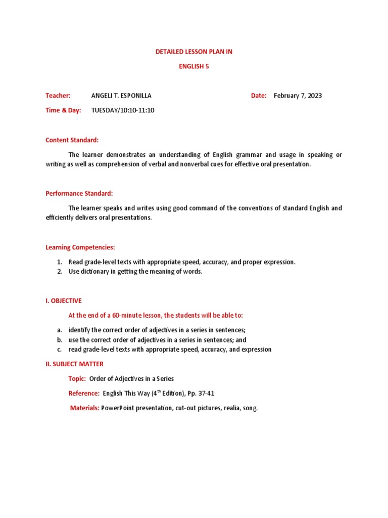 Order of Adjectives Lesson Plan | PDF | Lesson Plan | English Language