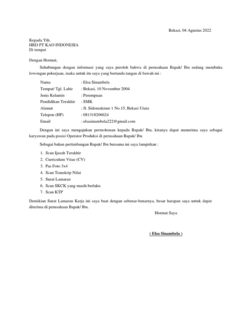 Surat Lamaran Kerja Elsa | PDF