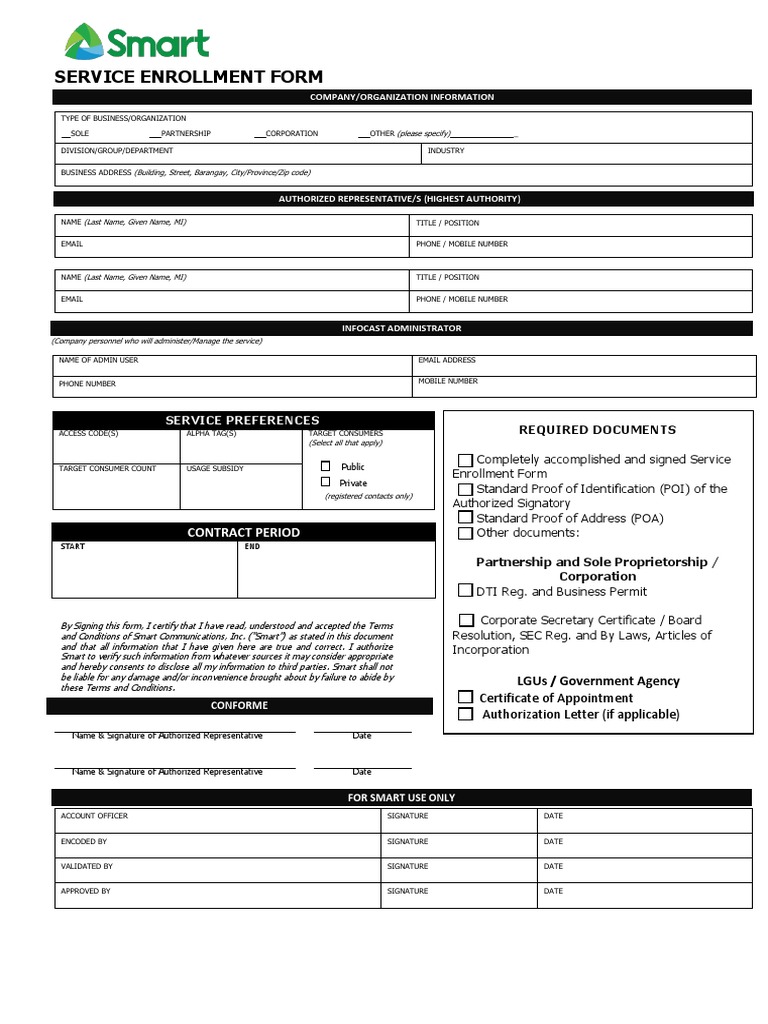 SMART Infocast-Service Enrollment Form | PDF | Privacy | Contractual Term