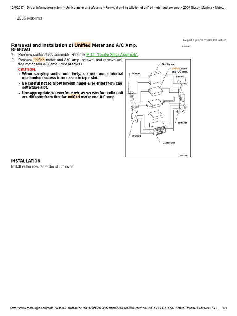 Removal and Installation of Unified Meter and A/C Amp.: 2005 Maxima | PDF