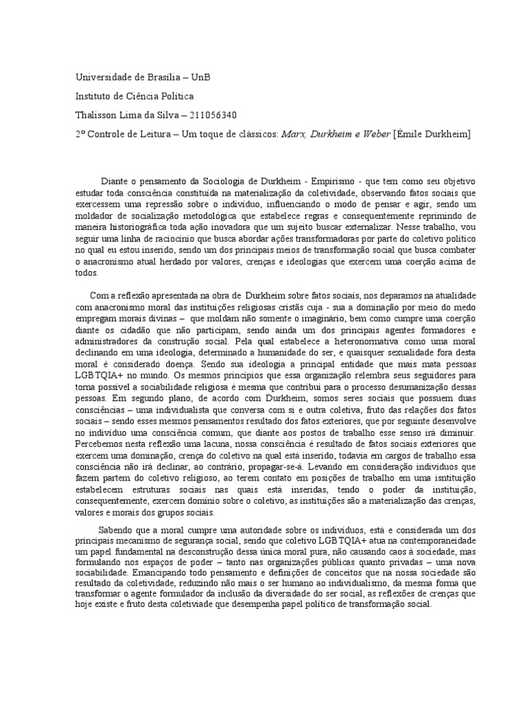 2° Controle de Leitura ISOL | PDF | Émile Durkheim | Sociologia