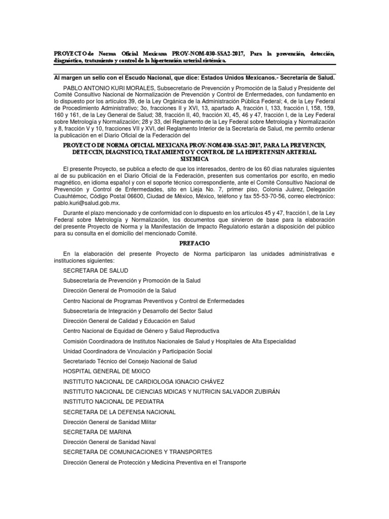 Proy-Nom-030-Ssa2-2017, Hta | PDF | Hipertensión | Presión sanguínea