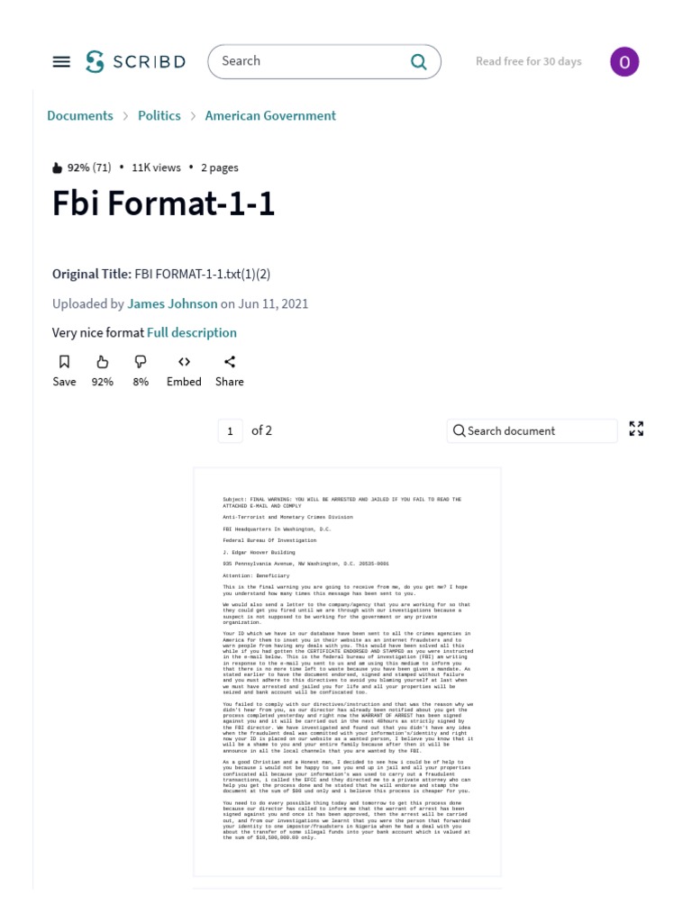FBI Format-1-1 - PDF - Federal Bureau of Investigation - American ...