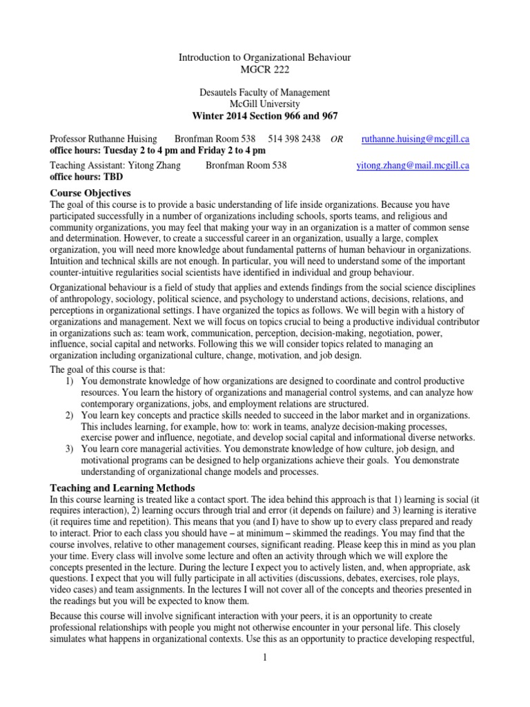 MGCR 222 Introduction To Organizational Behavior Syllabus - Pdfs | PDF | Learning | Social Sciences