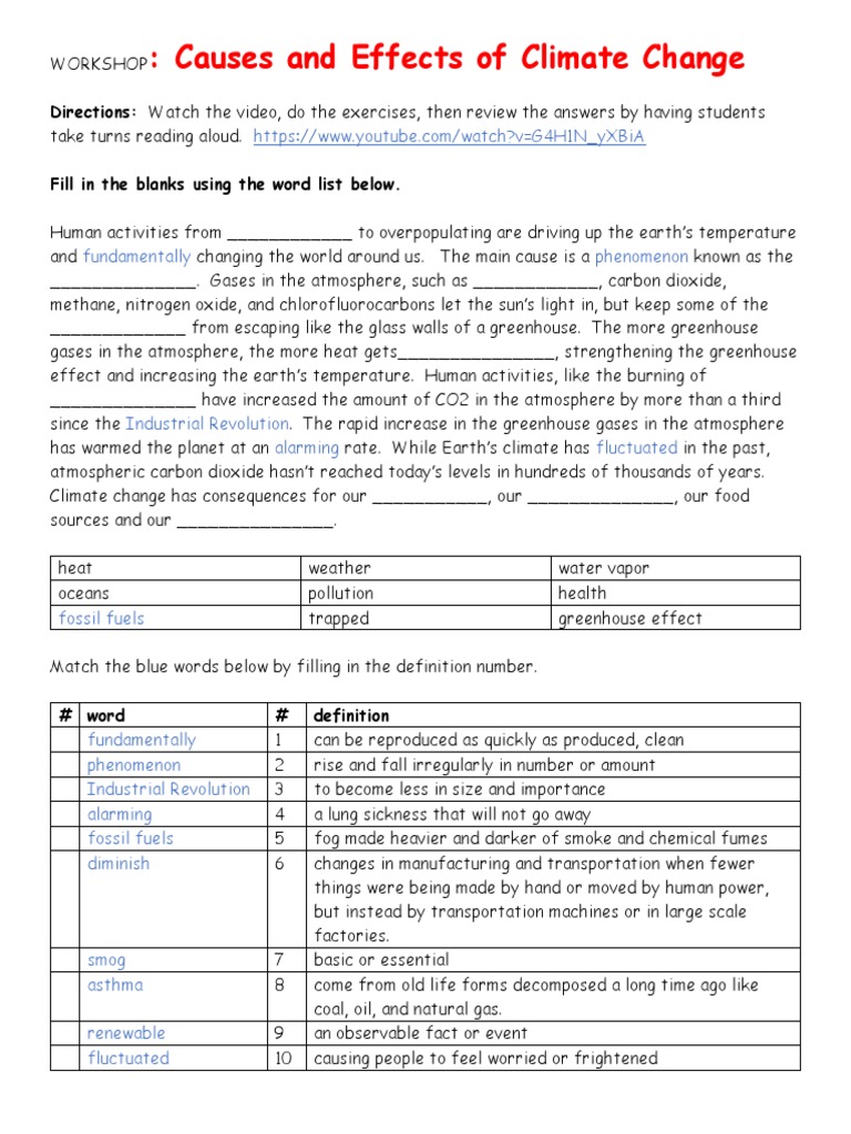 Climate Change Cause and Effect Worksheet Task2 | Download Free PDF ...