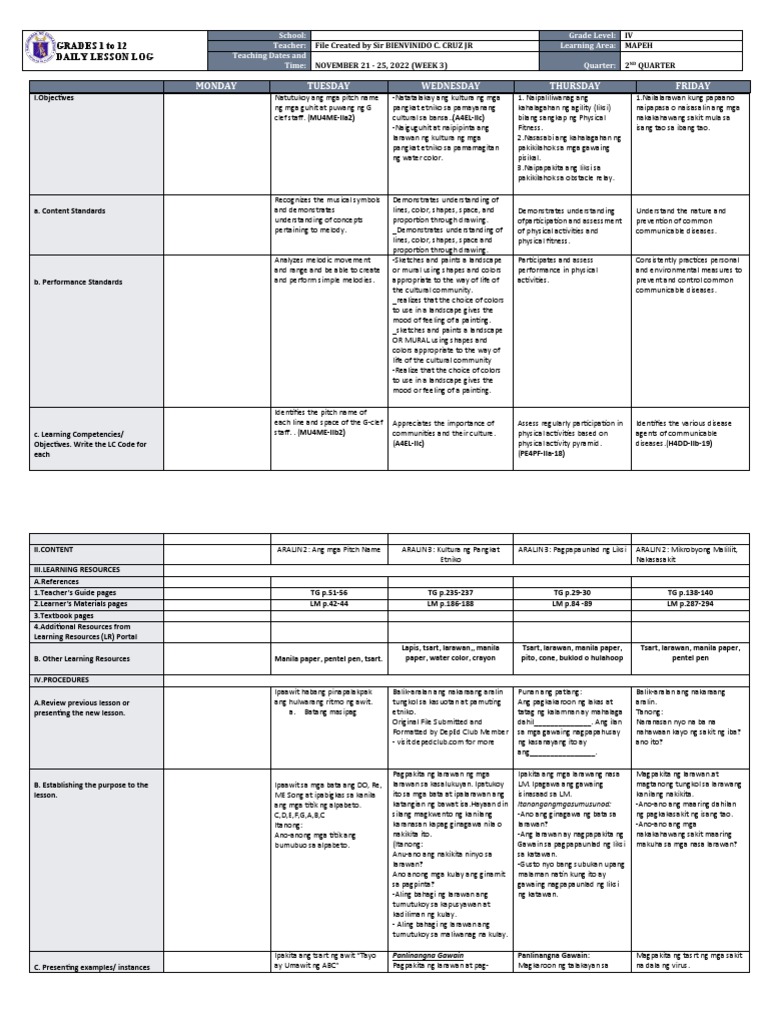 DLL - Mapeh 4 - Q2 - W3 | PDF