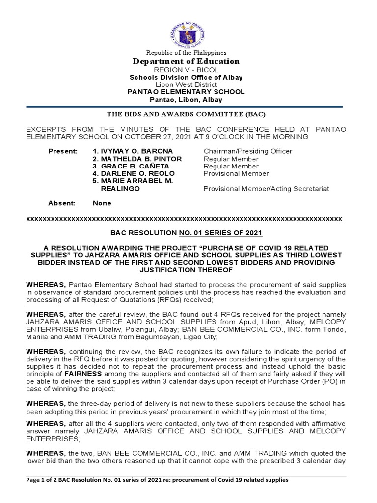 BAC Resolution Covid Supply | PDF | Procurement | Supply Chain