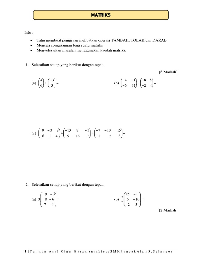 Ulangkaji Bab 2 F5 - Matriks | PDF