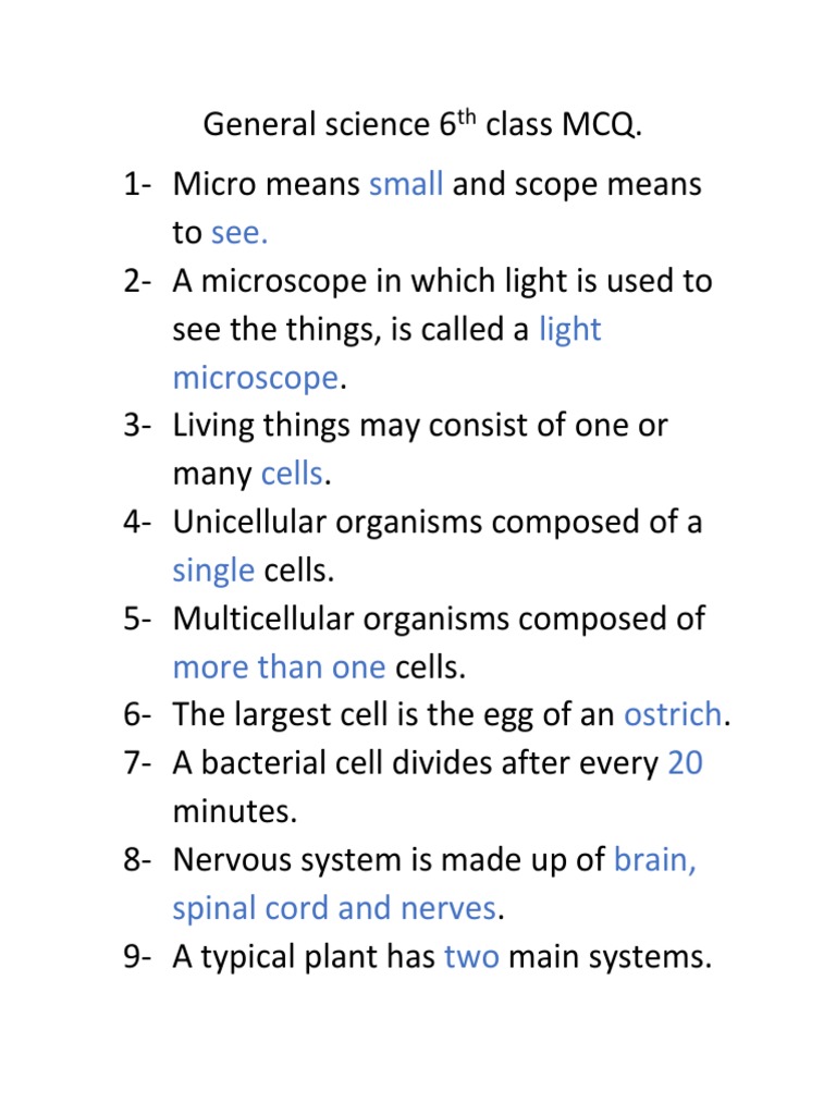 General Science 6th Class MCQ. | PDF | Senses | Mirror