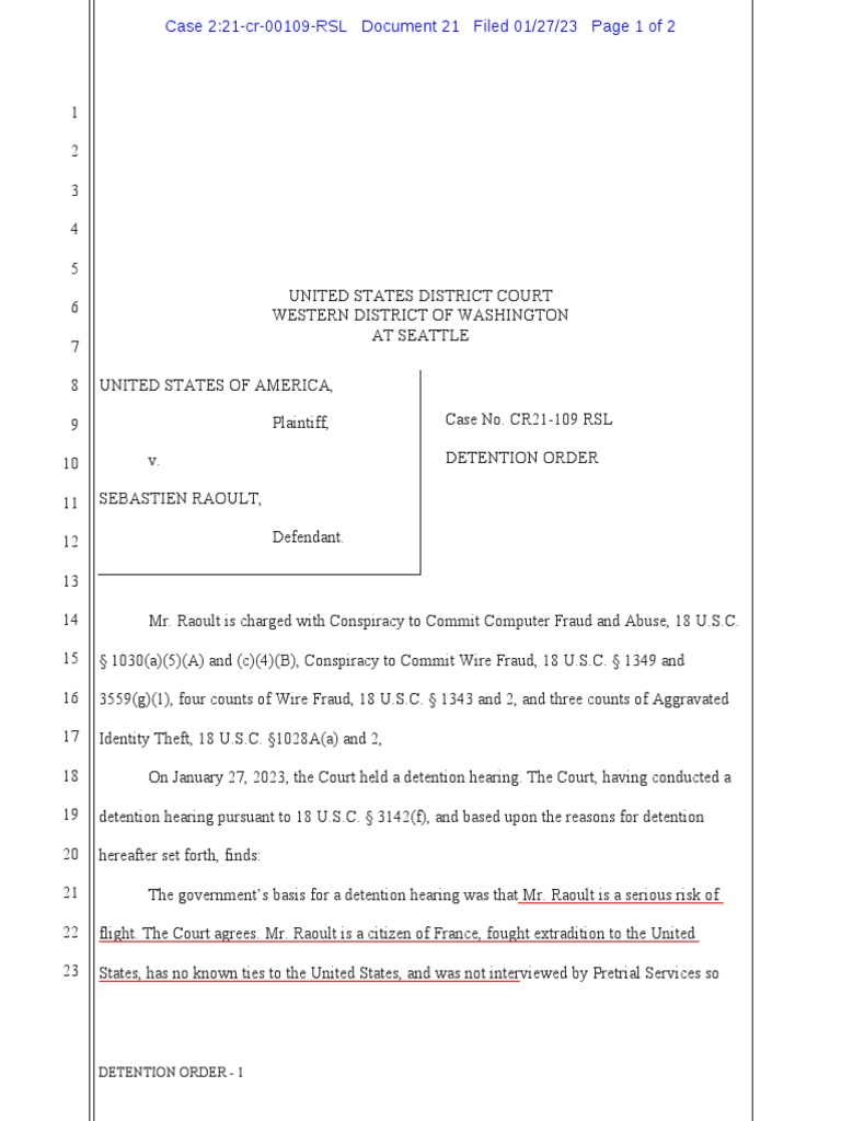 USA V Raoult Order of Detention | PDF | Remand (Detention) | Misconduct
