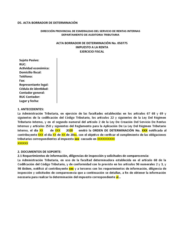 Acta de Borrador de Determinacion | PDF | Impuestos | Contribuyente